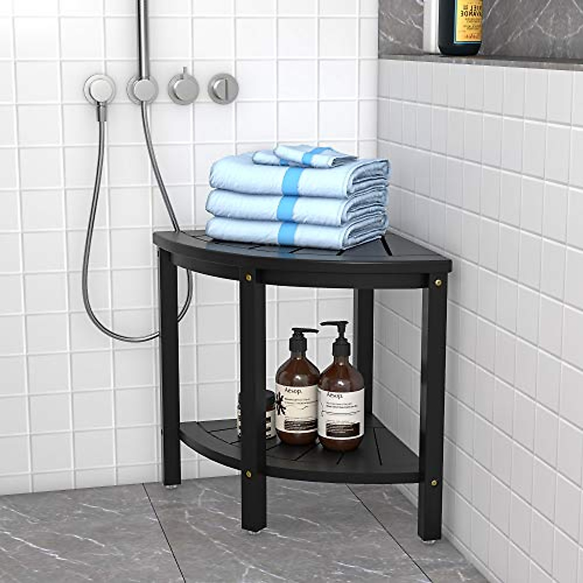 Bamboo Corner Shower Stool Bench Waterproof - with Storage Shelf for Shaving Legs or Seat in Bathroom & Inside Shower