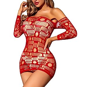 RSLOVE Womens Fishnet Lingerie Babydoll Bodysuit Sexy Chemise Dress Exotic Beach Cover Up Red