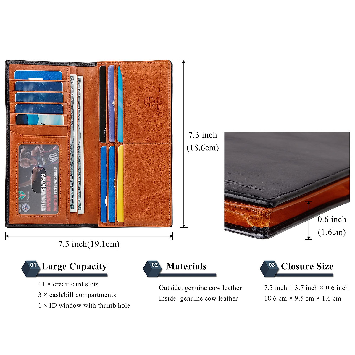 VISOUL Men's Leather Long Bi-fold Checkbook RFID Blocking Wallets, Breast Pocket Tall Billfold Secretary Wallet for Men with 12 Card Slots (Black and Orange)