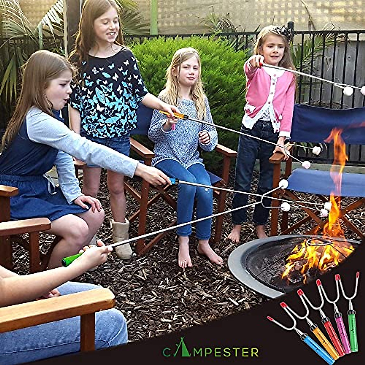 Campester Marshmallow Roasting Sticks with Wooden Handles, Set of 5 Telescopic Smores Skewers for fire Pit, Camping and Grilling, 34 inch extendable Stainless Steel Forks for Hot Dogs and Meat
