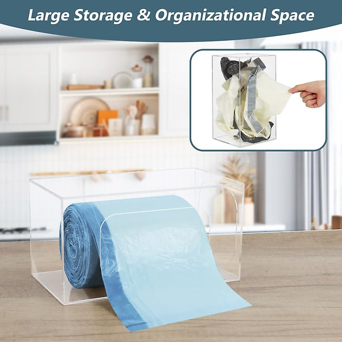 Trash Bag Holder Dispenser, Acrylic Trash Bag Dispenser Roll Holder, Adhesive Wall Mount Garbage Grocery Bag Dispenser Organizer for Kitchen, Cabinet, Under Sink with 4 Strong Stickers Screws