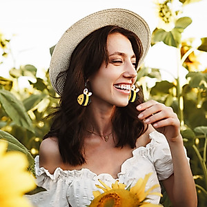 Whaline 12Pcs Summer Bee Faux Leather Sheets Black Yellow Plaids Synthetic Fabric Craft Leather Sunflower Glitter Printed Leather for Earrings Headbands Jewelry Wallet Making DIY Craft