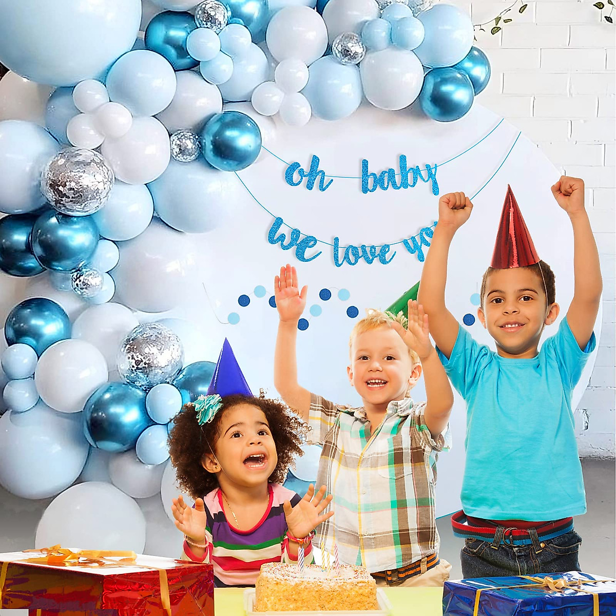 Upgraded,105PCS Gender Reveal Baby Shower Decorations for Boy,Blue and White Birthday Balloons Garland Arch Kit, Oh Baby Birthday Banner, Giltter Dots Birthday Garland+Pump+Complete Accessories