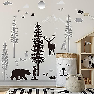 Nursery Wall Decals Forest Deers Wall Stickers Bears Pine Tree Wall Decals Mural Art Wallpaper for DIY Children Room Nursery Vinyl Removable Decals (Classic Style)