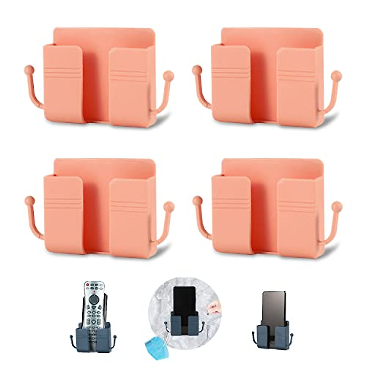 4 pieces Wall Mount Phone Holder Adhesive Wall Beside Organizer Storage Box Plastic with Hooks Remote Control Phone Brackets Holder Charging Phone Stand for Bedroom Living Room Bathroom (Pink)