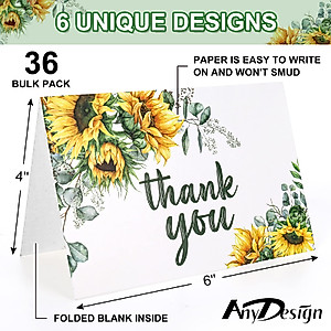 AnyDesign 36Pack Sunflower Eucalyptus Thank You Cards Bulk Watercolor Floral Greeting Cards with Envelopes Matching Seal Stickers Flower Note Cards for Wedding Birthday Baby Shower Bridal Party
