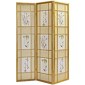 Legacy Decor 4 Panel Room Divider Privacy Screen Botanical Floral Accented Natural Color 71 Tall x 52 inches Wide