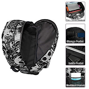 ZZKKO Floral Flower Sugar Skull Black and White Boys Girls School Computer Backpacks Book Bag Travel Hiking Camping Daypack
