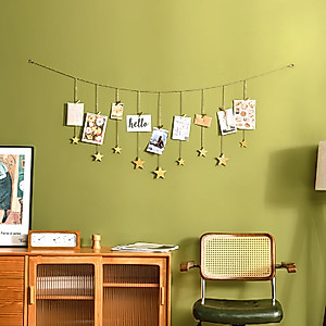 Mkono Hanging Photo Display Boho Decor Wooden Stars Garland with Metal Chains, Pictures Cards Holder with 25 Wood Clips, Wall Art for Room Bedroom Dorm, Teen Girl Gift Ages 12 13 14 Years Old, Gold