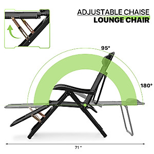 Magshion Folding Reclining Patio Chairs, Adjustable Folding Reclining Lounge Chair with Additional Support Bar and Headrest Patio Lawn Recliner for Outdoor Pool Camp Yard, 300 lbs (Black)