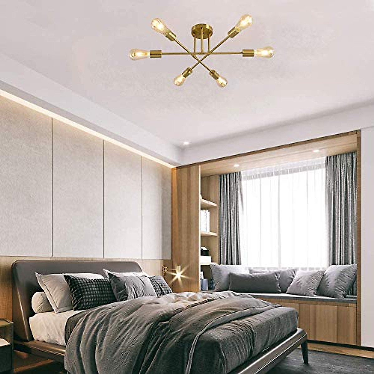 Mid Century Ceiling Light Fixture,Adjustable 6-Light Sputnik Chandelier,Semi-Flush Mount Pendant Lighting,Industrial Vintage Lighting Fixtures Plating Finish for Kitchen Dining Room Bedroom Foyer