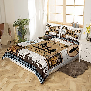 Rustic Bear Moose Duvet Cover Full Size,Countryside Rural Hunting Theme Quilt Cover for Men Women Adults,Retro Farmhouse Wood Plank Comforter Cover,Woodland Animal Cabin Lodge Bedding Set,3Pcs