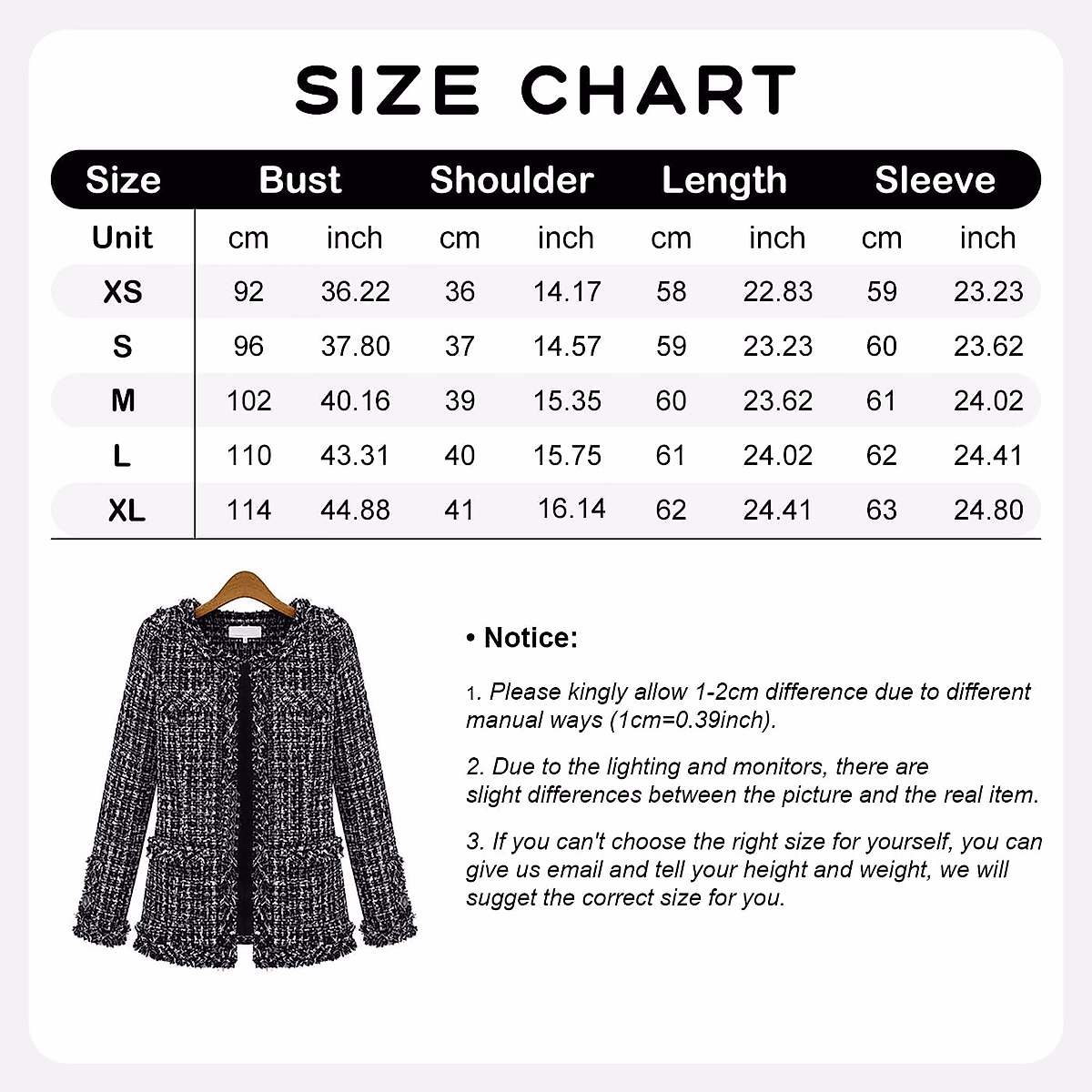 ebossy Women's Elegant Open Front Round Neck Fringed Plaid Tweed Jacket (Large, Black)