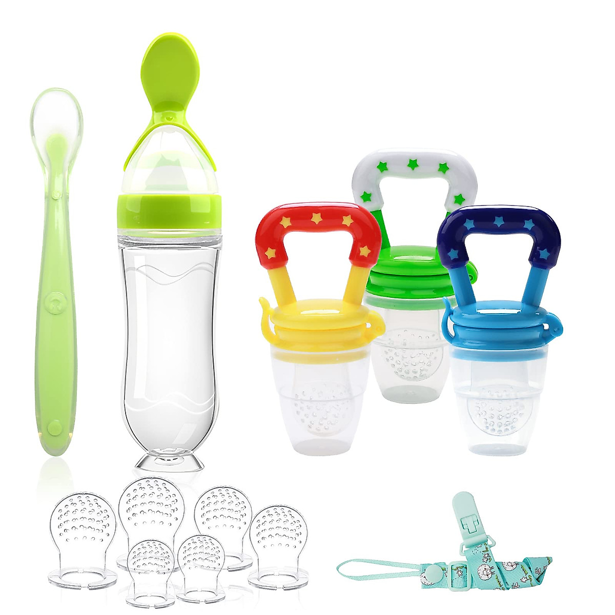 Food Feeder for Baby, Fruit Feeder Pacifier (3 Pcs) with 6 Different Sized Silicone Pacifiers 1 PCS Silicone Baby Food Dispensing Spoon 90ML with 1 PC Baby Spoons 1 PC Pacifier Clip Baby Feeding Set