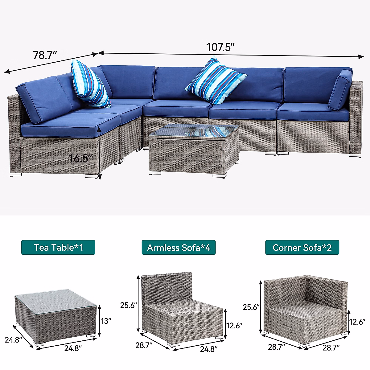 YITAHOME 7 Pieces Patio Furniture Set, Outdoor Sectional Sofa PE Rattan Wicker Conversation Set Outside Couch with Table and Cushions for Porch Lawn Garden Backyard(Gray+Blue)
