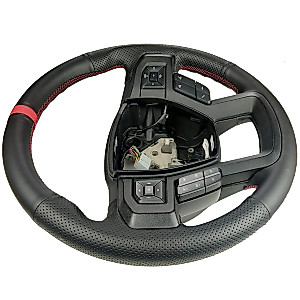 Black Side Perforated Leather Red Marker Steering Wheel Protector Cover Hand-Stitch on Wrap Fit For Ford F-150 F250 King Ranch/Lariat/XL/XLT/Limited/Platinum/Police Responder 2015-2020 (Black Leather)