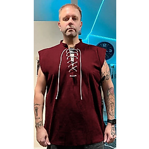 Viking Pirate Costume Men, Medieval Renaissance Shirt, Linen Gothic Victorian Vest, Sleeveless Steampunk Festival Tank Top, Plus Size Halloween Ren Faire Poet Cosplay Clothing(Red-2XL)