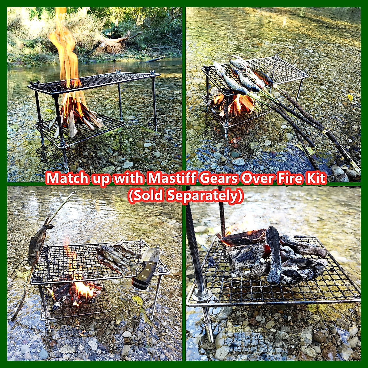 MASTIFF GEARS® Bushcraft Grill Grate, Multi-Use 3D Welded 304 (18/8) Stainless Steel High Strength Mesh Campfire Grill, FDA Compliant, for Camping, Backpacking, Hunting & Fishing (Solo)