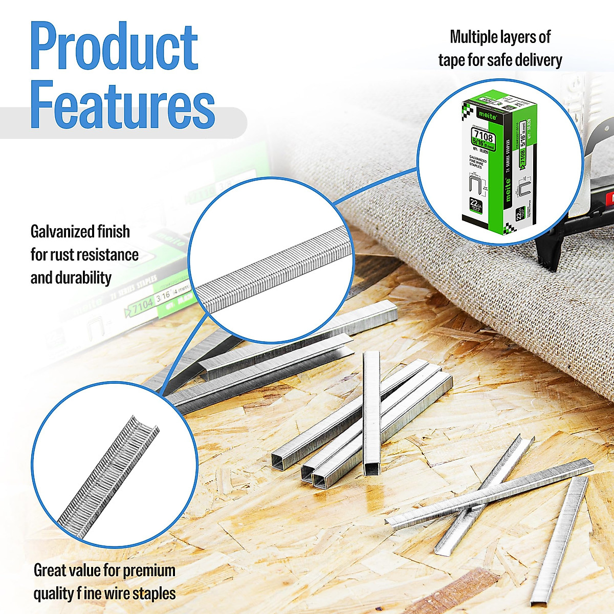 meite 22G71S516 22 Gauge 71 Series 3/8-Inch Crown 5/16-Inch Leg Length Galvanized Upholstery Staples for Fine Wire Staplers 10,020pcs/Box (1 Box)