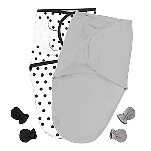 Who's That Baby 2 Pack Adjustable Baby Swaddles 0-3 Months for Newborn Boys and Girls with 2 Baby Mitten Sets, Organic Cotton | Grey and White with Black Polka Dots, Small, SB-001
