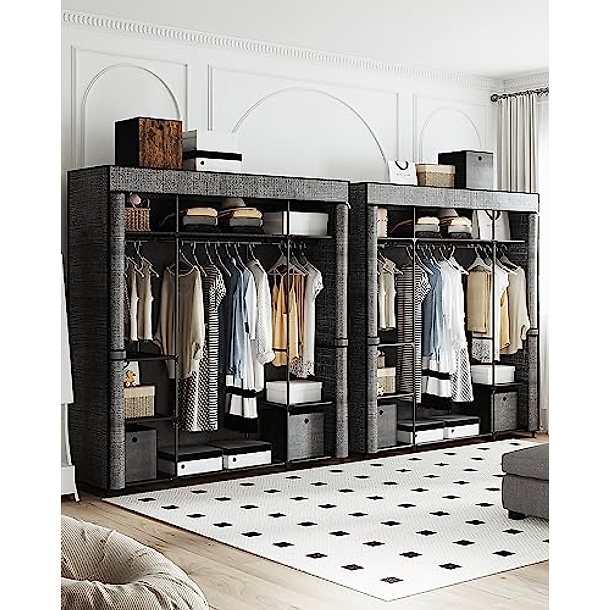 Hzuaneri Closet Wardrobe, 64.5-inch Portable Closet for Bedroom, 3 Clothes Rail Clothes Rail with Fabric Cover, Clothes Storage Organizer, 64.5 x 17.3 x 70 Inches, 9 Compartments, Black WO0203BC