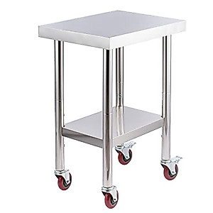 TECSPACE Stainless Steel Work Table with Wheels 24"x18", Commercial Heavy Duty Work Table with Under Shelf and Casters, Prep & Work Table for Home Kitchen Restaurant (24 x 18 x 34 Inch)