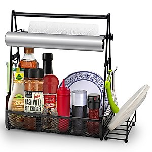 Grill Caddy, BestMal BBQ Caddy with Paper Towel Holder, Picnic Condiment Utensil Caddy for Outdoor Camping, Barbecue Accessories Storage Organizer for Griddle Grilling Tool, Rv Patio Camper Must Haves