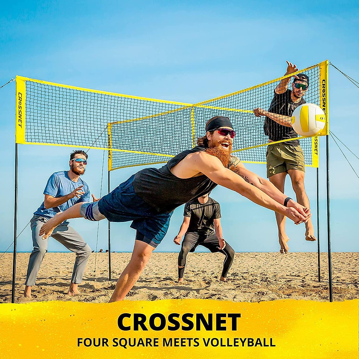 CROSSNET 4-Way Volleyball Net with Carrying Backpack & Ball - 4 Square Volleyball Game Set for Adults and Kids - Quick Assemble Outdoor Game - Backyard Yard Games
