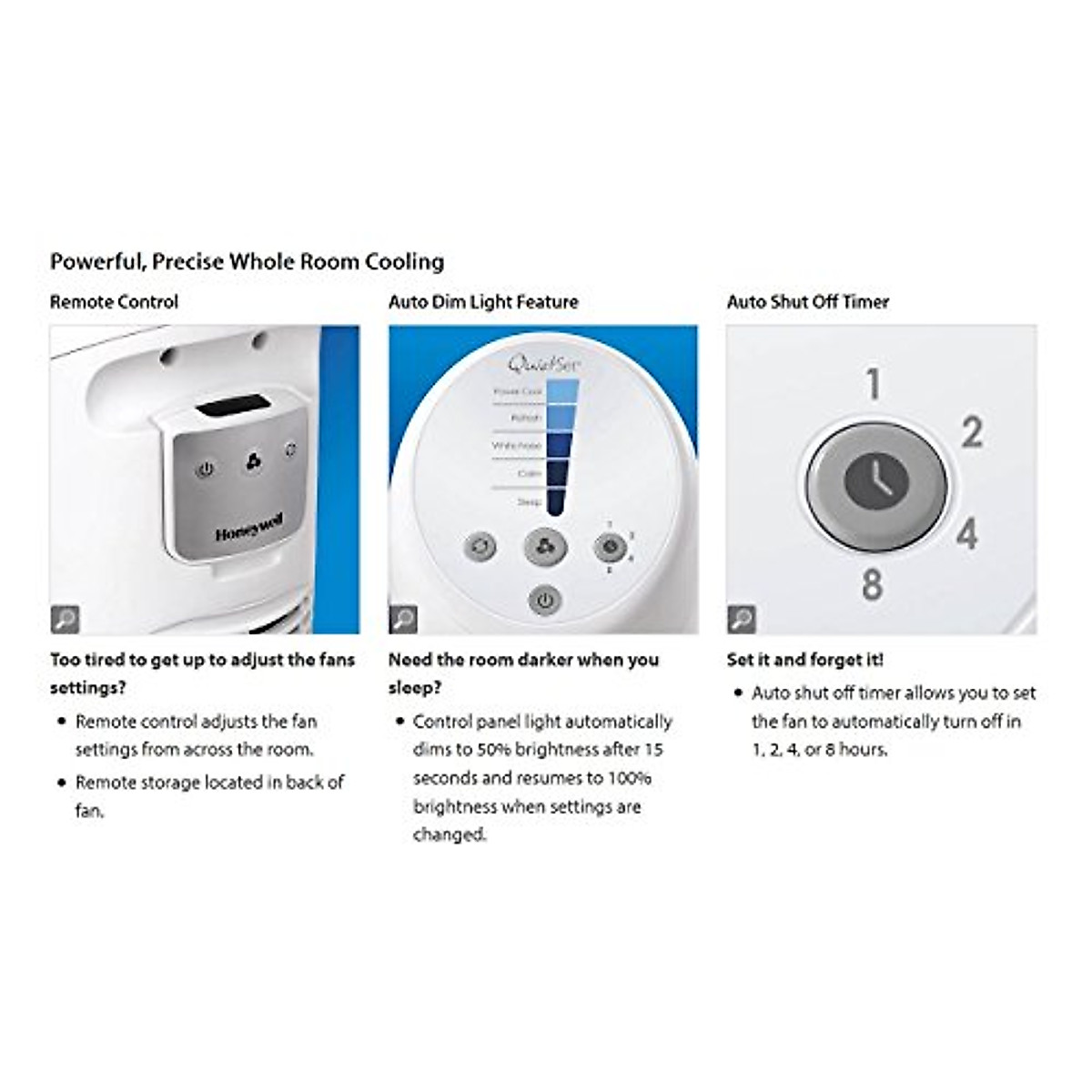 Honeywell QuietSet Whole Room Oscillating Tower Fan (5 Speed Settings, Oscillating 80°, Timer Function, Auto-Off Lights, Remote Control) HYF260