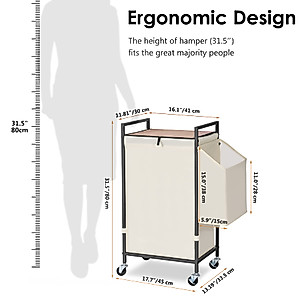 Laundry Hamper with Rustic Brown Lid & Wheels; 96L Large Rolling Laundry Basket with Removable Oxford Liner Bag; Tall Freestanding Dirty Clothes Hamper with Side Pocket; Metal Frame Laundry Cart