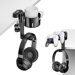 KDD Rotatable Headphone Hanger - 3 in 1 Under Desk Clamp Controller Stand Replaceable Cup Holder - Compatible with Universal Headset, Controller, Cup(Black)