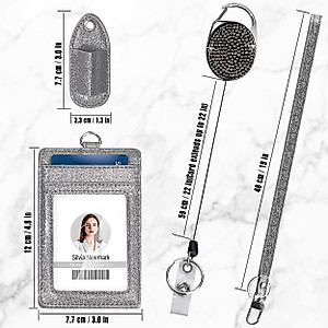 Retractable ID Badge Holder, Multipurpose Bling Rhinestone Badge Reel with Belt Clip, Shiny PU Leather Badge Holder with Lanyard and Pen Holder for Nurse, Teacher, Student, Office Worker (Silver)