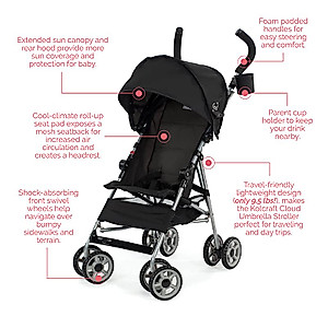 Kolcraft Cloud Lightweight Umbrella Stroller with Large Sun Canopy, Black