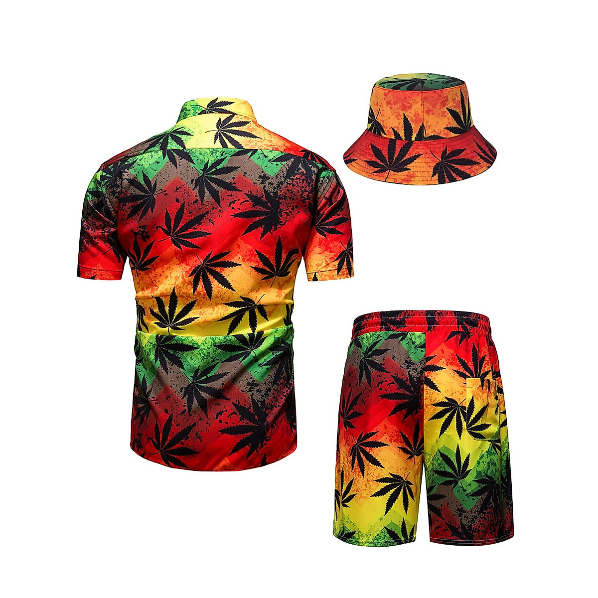 TUNEVUSE Mens Hawaiian Shirts and Shorts Set 2 Pieces Beach Outfits Print Summer Tropical Suit with Bucket Hats Orange Large
