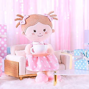 Onetoo Plush Rag Doll Sleeping Cuddle Buddy Doll Soft Baby Doll for Girls First Baby Doll Wear Pink Skirt Dress 14"（Milly Series）