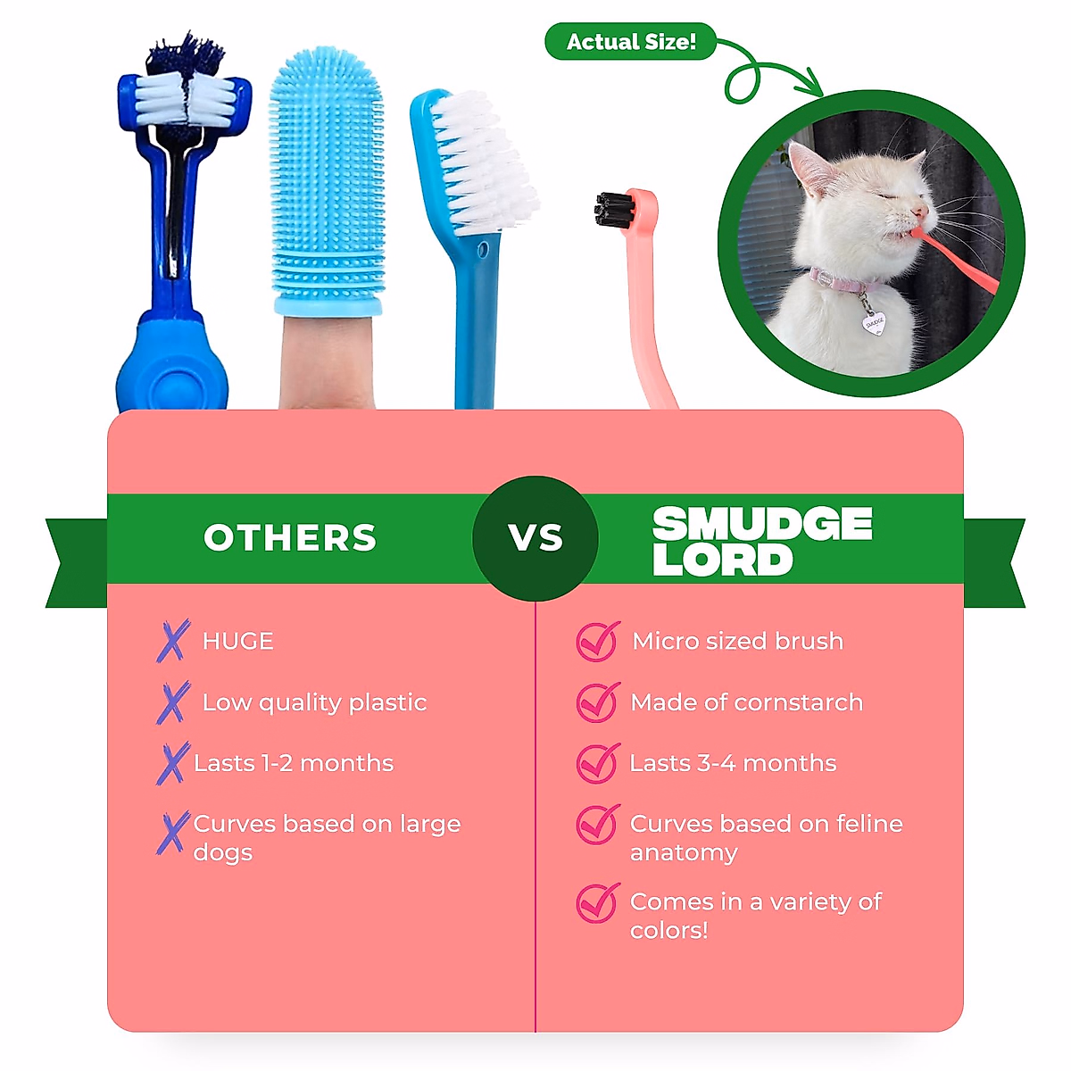 RYERCAT Dual Sided Cat Toothbrush - Kitten Toothbrush with Micro Head to fit into Cat/Kittens Mouth - Cat Dental Care Supplies - Pet Toothbrush for Cats (Smudgelord)