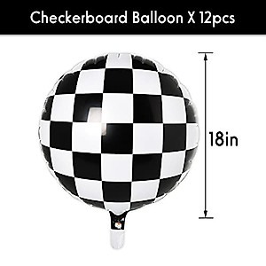 Checkered Balloons 12pcs Racing Party Decorations Supplies 18inch Racing Car Balloons Checkerboard Mylar Balloons Black and White Checkered Balloons for Race Car Birthday Party Supplies