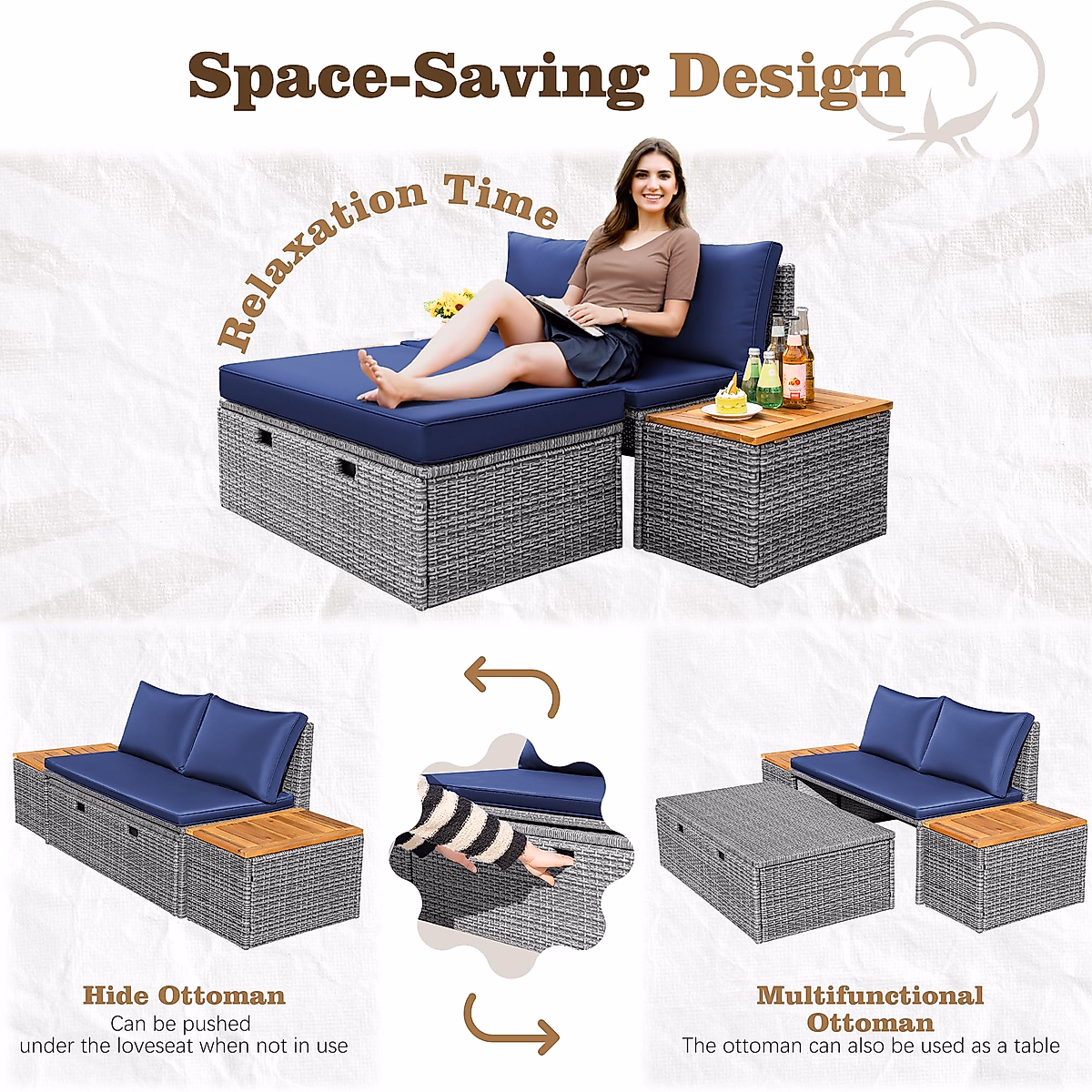 Flamaker Outdoor Rattan Lounge Chair with 2 Side Tables, Multifunctional Outdoor Patio Daybed with Footrest, Cushions, Storage Ottoman,Chaise Lounge Chair for Backyard Porch Poolside(Deep Blue)