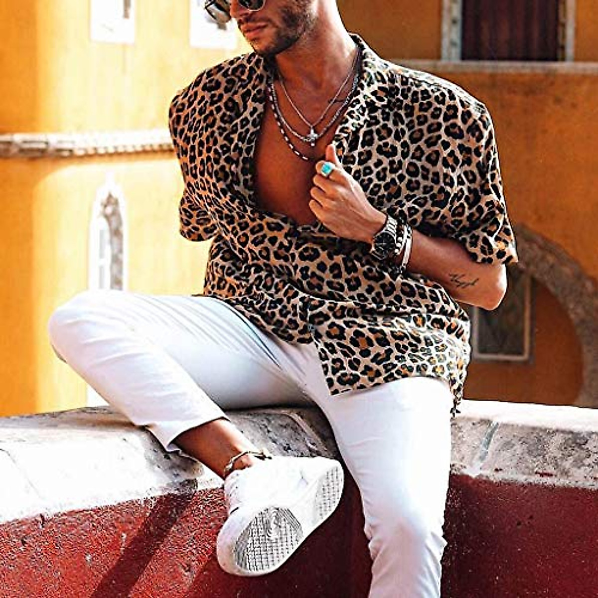 YOMXL Men Vintage Leopard Print Shirt Summer Beach Tee Lapel Collar Short Sleeve V-Neck Button Tops