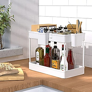 SOYO 2 Pack Under Sink Organizers and Storage, 2 Tier Bathroom Organizer Under Sink Shelf, Kitchen Organization Cabinet Storage Caddy Counter Basket with Hooks Dividers Hanging Cups, White
