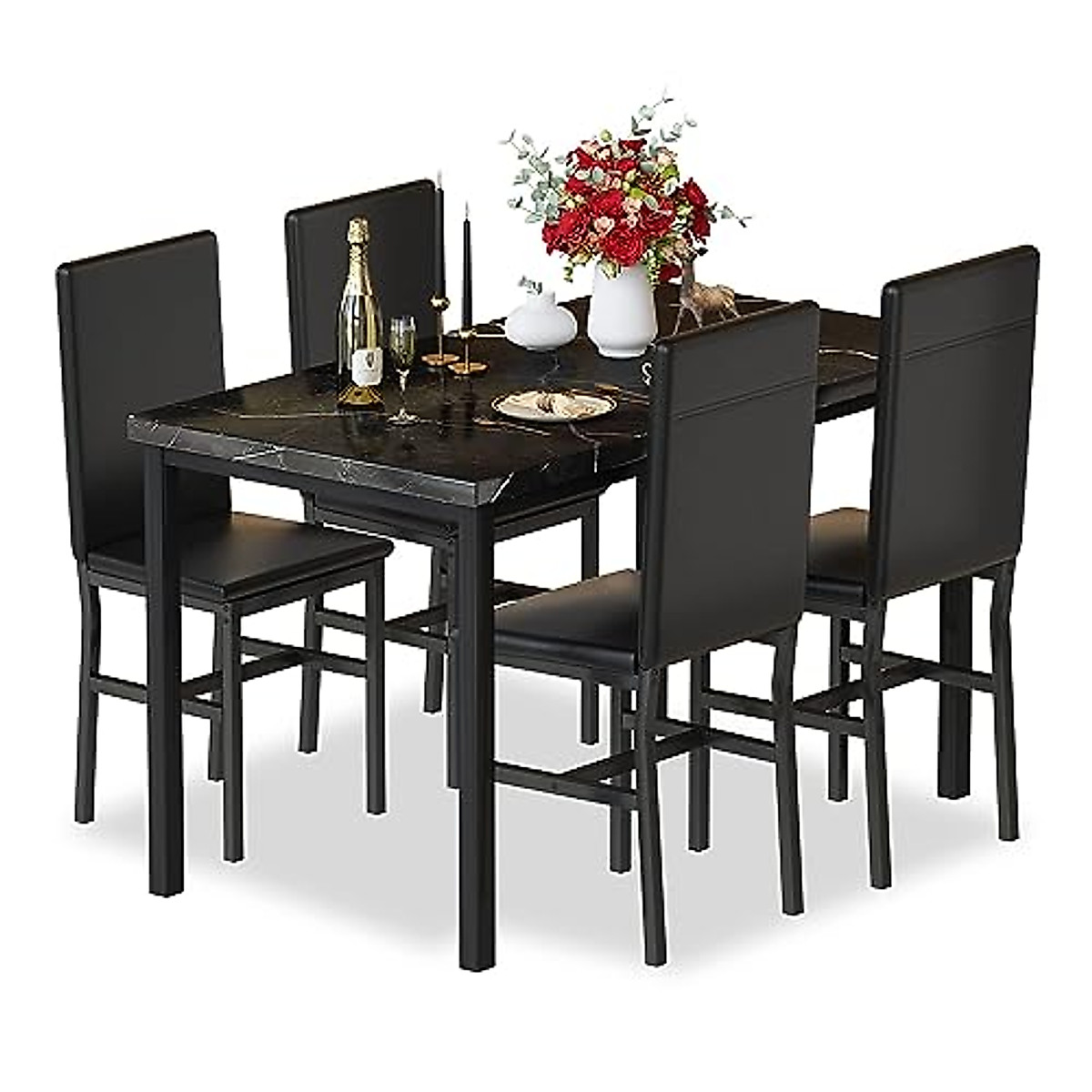 Hooseng Dining Table Set for 4, Black Modern Kitchen Table and Chairs for 4, 5 Piece Dining Room Furniture Table Set with Faux Marble Tabletop and PU Leather Chairs for Small Spaces, Apartment,Dinette