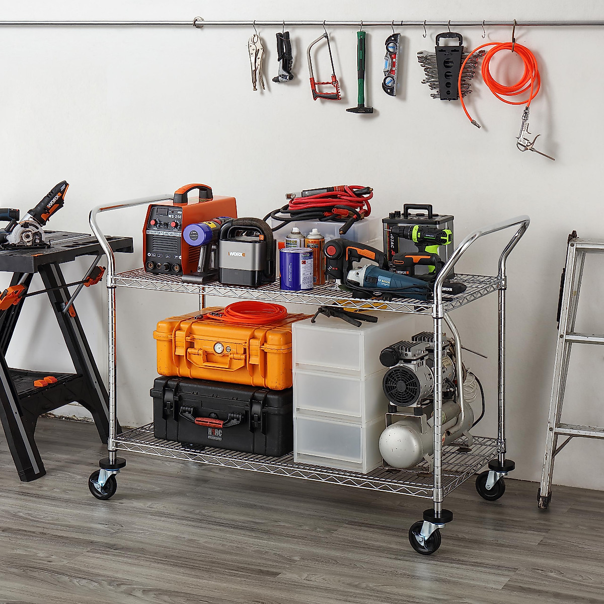 Finnhomy 2-Tier Commercial Grade Rolling Cart, Heavy Duty Utility Cart, Carts with Wheels and Handles, Kitchen Cart on Wheels, Metal Serving Cart with 700 lbs Capacity, Shelf Size 24" D x 48" W, NSF