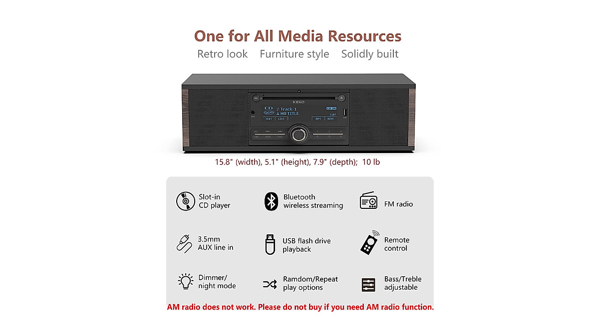 KEiiD Retro CD Players for Home with Speakers Wooden Booombox Stereo ...