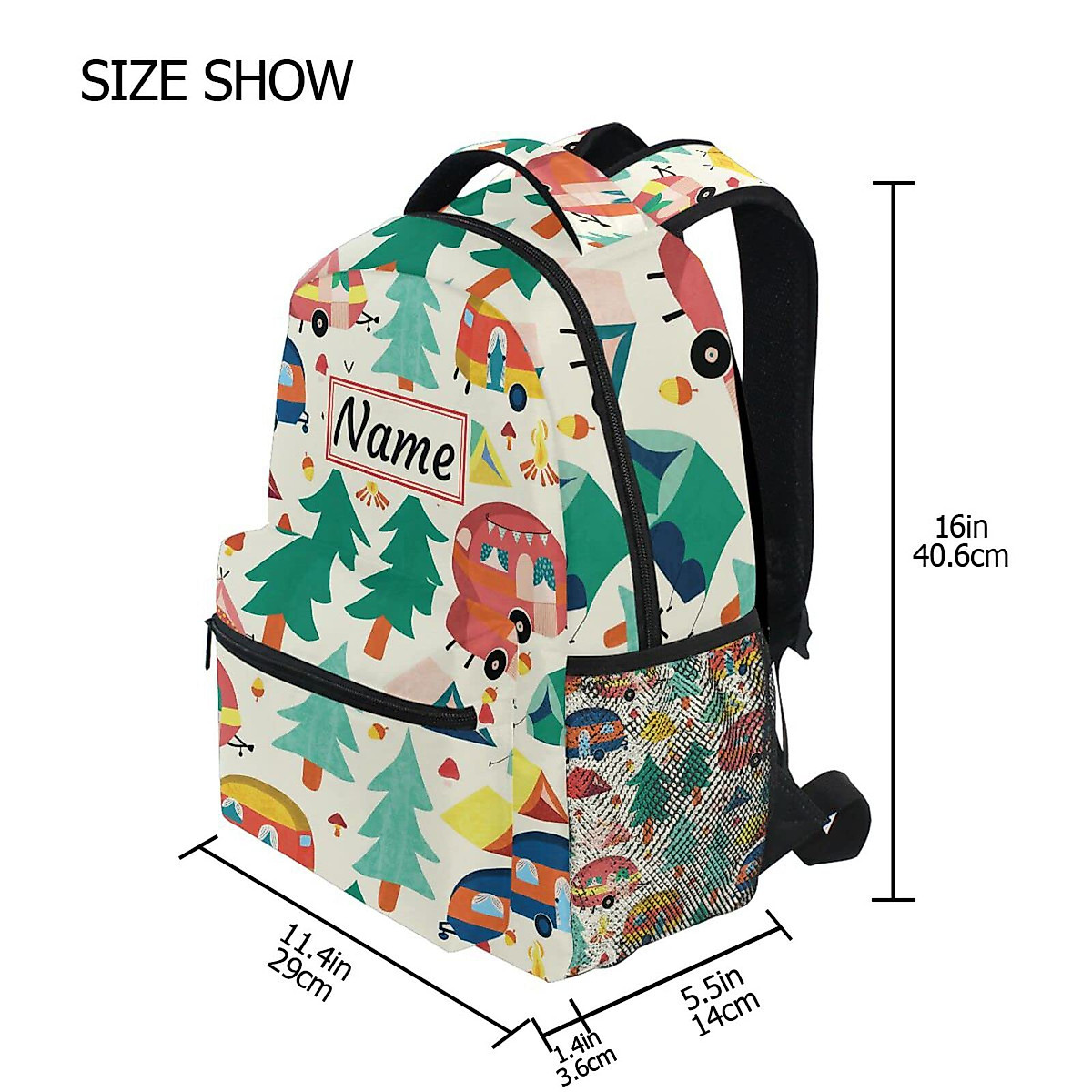 Camper Caravans and Tents in Forest Custom School Backpack for Boys Girls, Personalized Name Elementary School Bookbag Travel Bag Daypack