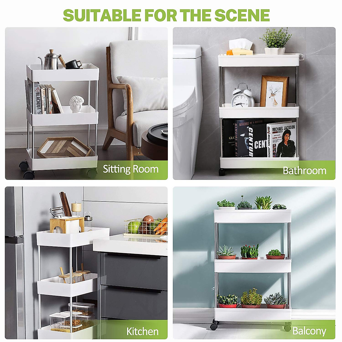 KPX Bathroom Rolling Storage Cart with Wheels Kitchen Utility Cart Casters Mobile Laundry Organizer Shelves for Room Organizers, Make Up, Home School, Dorm Room Office Essentials (3-Tier, White)