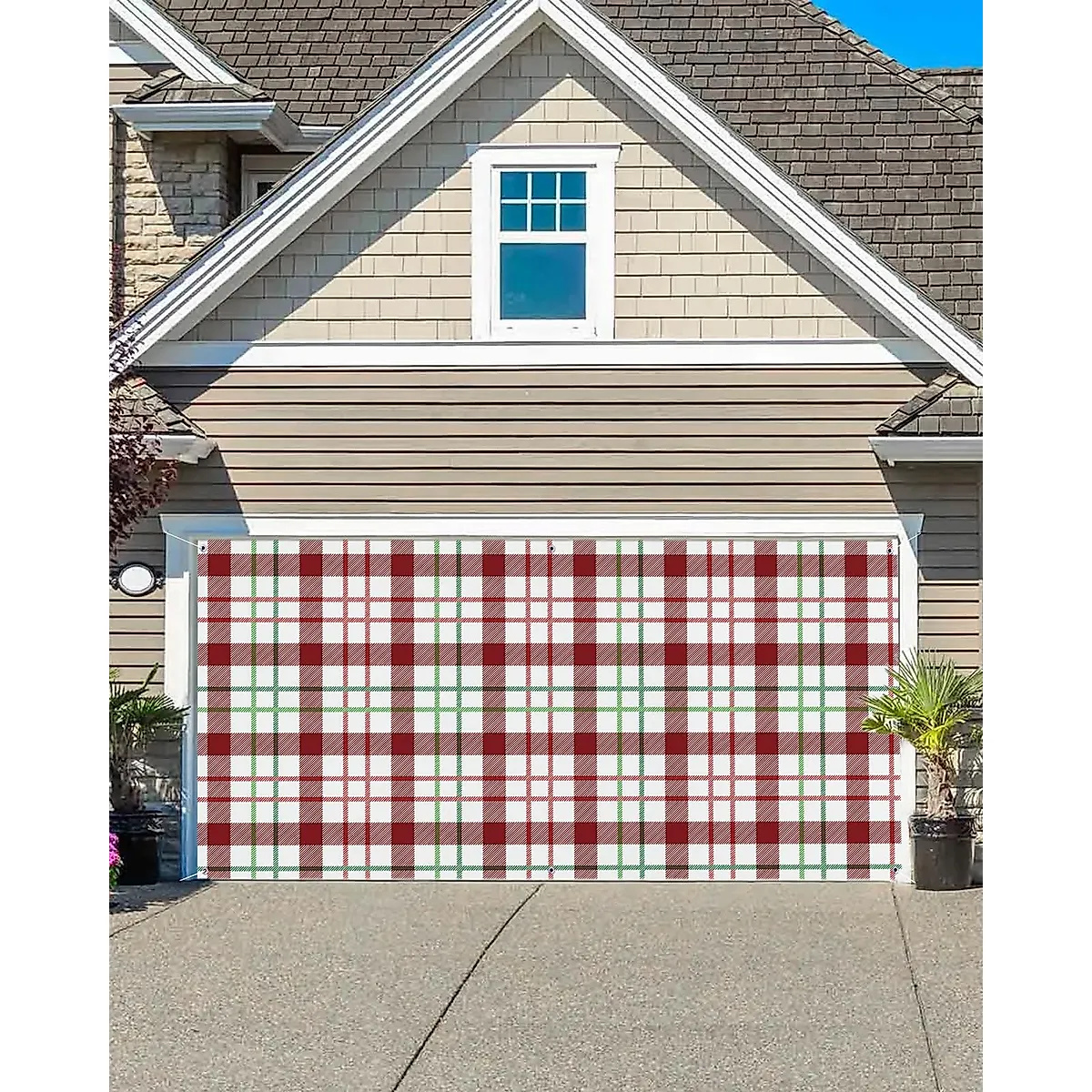 Rocking Giraffee Garage Door Cover Tile Red and Green Grid Garage Door Banner Hanging Backdrop Banner Photo Background Indoor Outdoor Wall Party Decoration 7x8 Ft