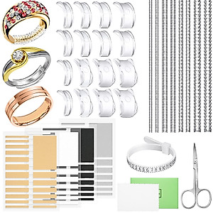 100 Pcs Ring Size Adjuster with Ring Size Measuring Tool for Loose Rings, Plug-in Invisible Ring Spiral Silicone Tightener EVA Foam Ring Size Adjuster Set with Polishing Cloth Fit Any Rings Sizes.