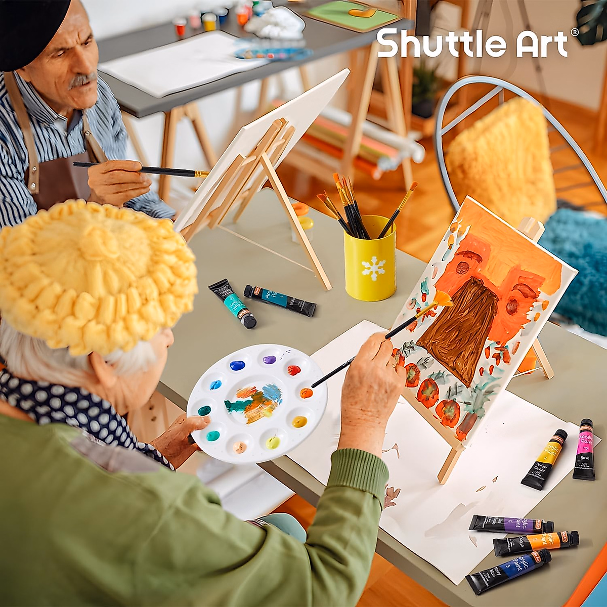 Shuttle Art 69 Pack Acrylic Paint Set, Acrylic Painting Set with 2 Pack of 15 Colors Acrylic Paint, 3 Sets of Wooden Easels, Canvas, Brushes & Palettes, Art Painting Supplies for Kids Adults Beginner