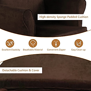 Costzon Glider and Ottoman Set, Wood Baby Rocker Nursery Furniture for Napping Reading Nursing, Cleanable Upholstered Comfort Rocking Nursery Chair with Detachable Cushion (Brown)