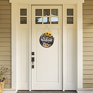 DZH Enjoy Sunflower Welcome Sign Front Door Wreaths Rustic Round Wood Farmhouse Wreath for Home Decor Bedroom Yard Garden Indoor Outdoor Wall Décor